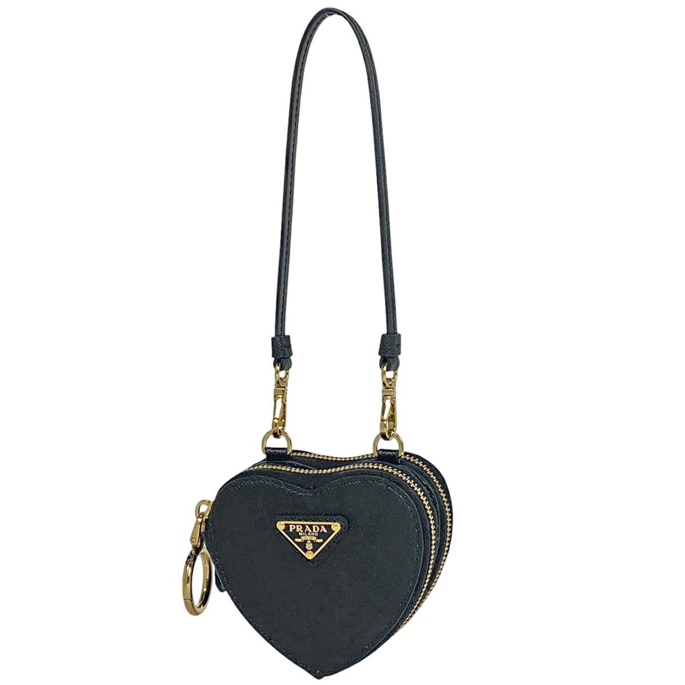 Prada Logo Plate Pouch Coin Case Bag Charm Heart Leat… - Gem